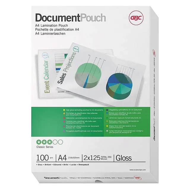 GBC A4 Laminating Pouches Gloss 250 Micron - Box 100