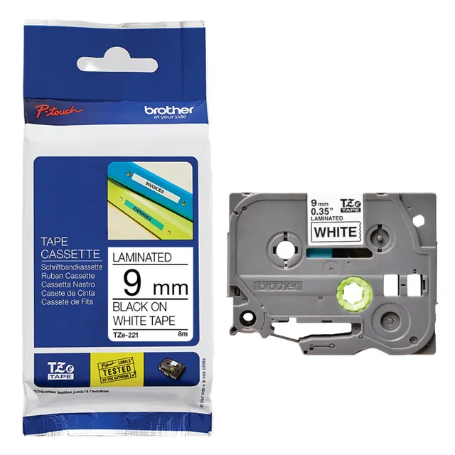 Brother TZe-221 Laminated Tape Black on White 9mm