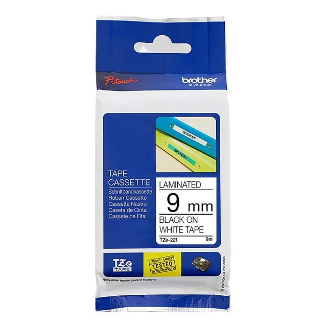 Brother TZe-221 Laminated Tape Black on White 9mm