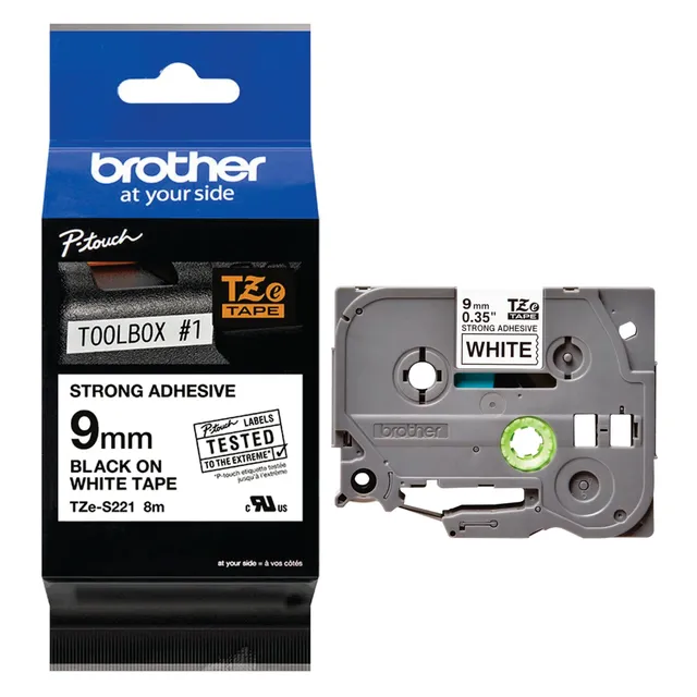 Brother TZe-S221 Strong Adhesive Tape Black on White 9mm