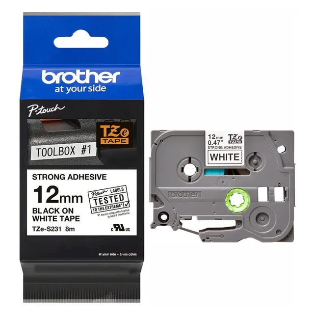 Brother TZe-S231 Strong Adhesive Tape Black on White 12mm
