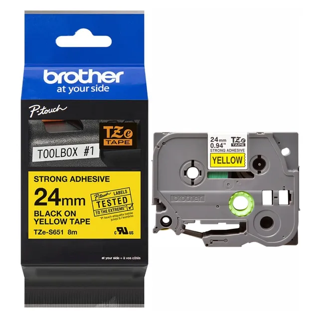 Brother TZe-S651 Strong Adhesive Tape Black on Yellow 24mm